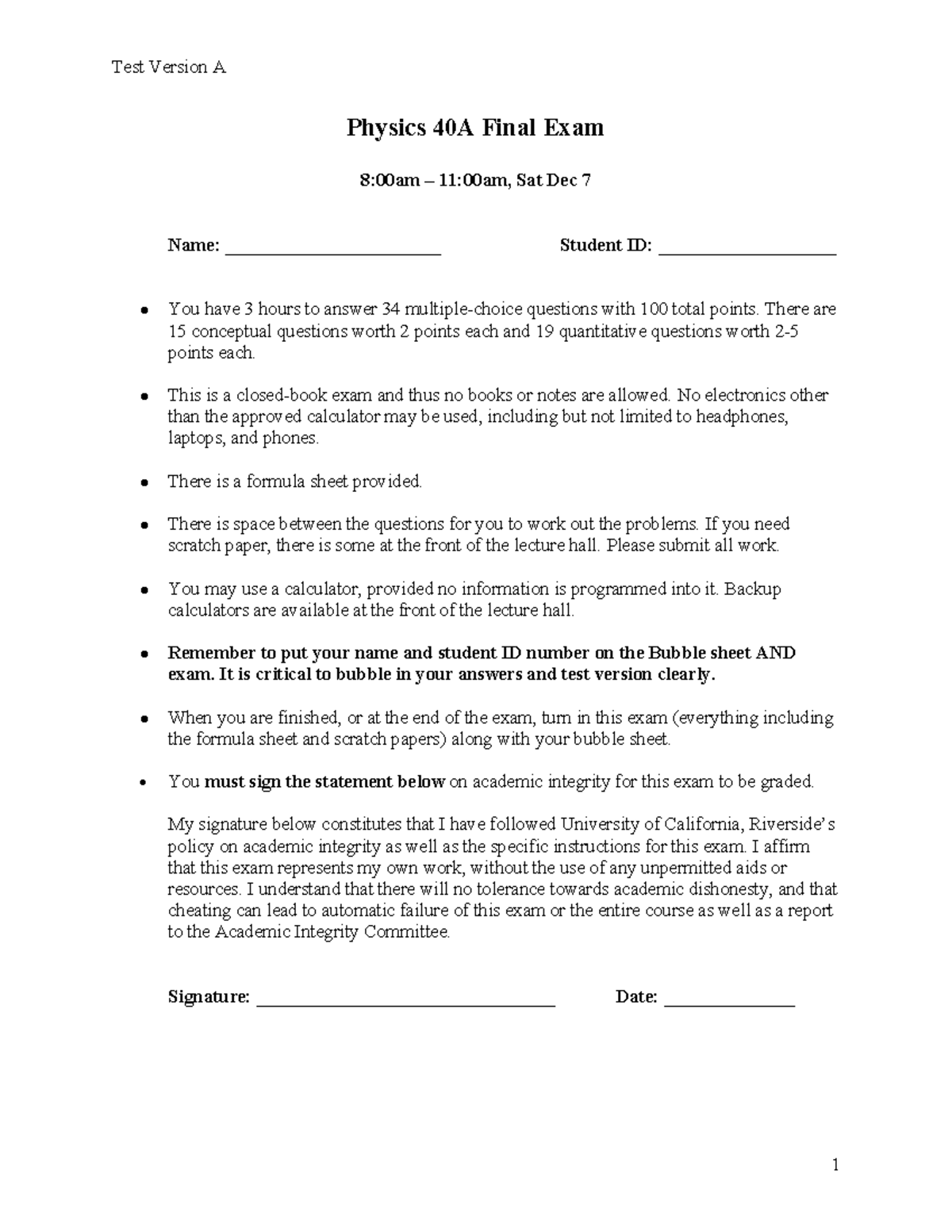 PHYS40A Final Exam Practice Questions and Guidelines - Studocu