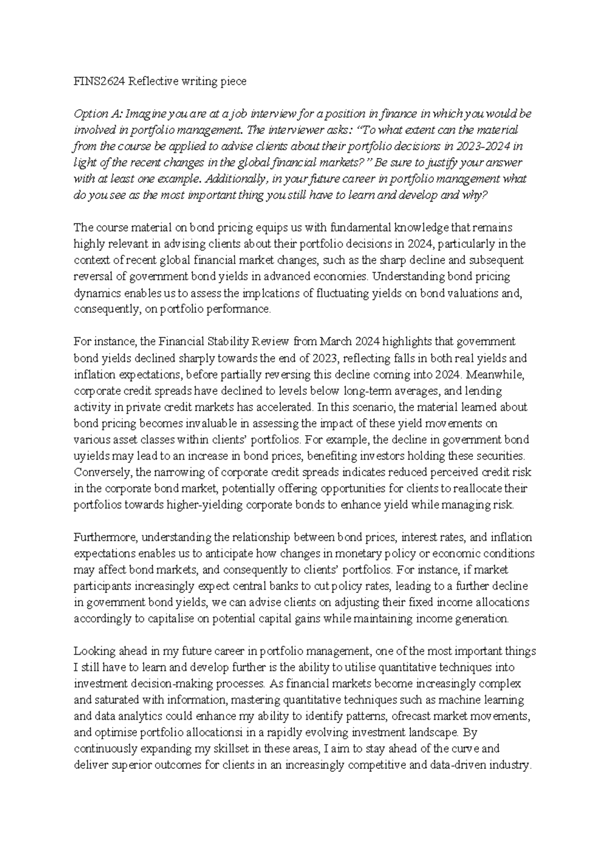 FINS2624 Reflective Writing on Portfolio Management Skills Development ...