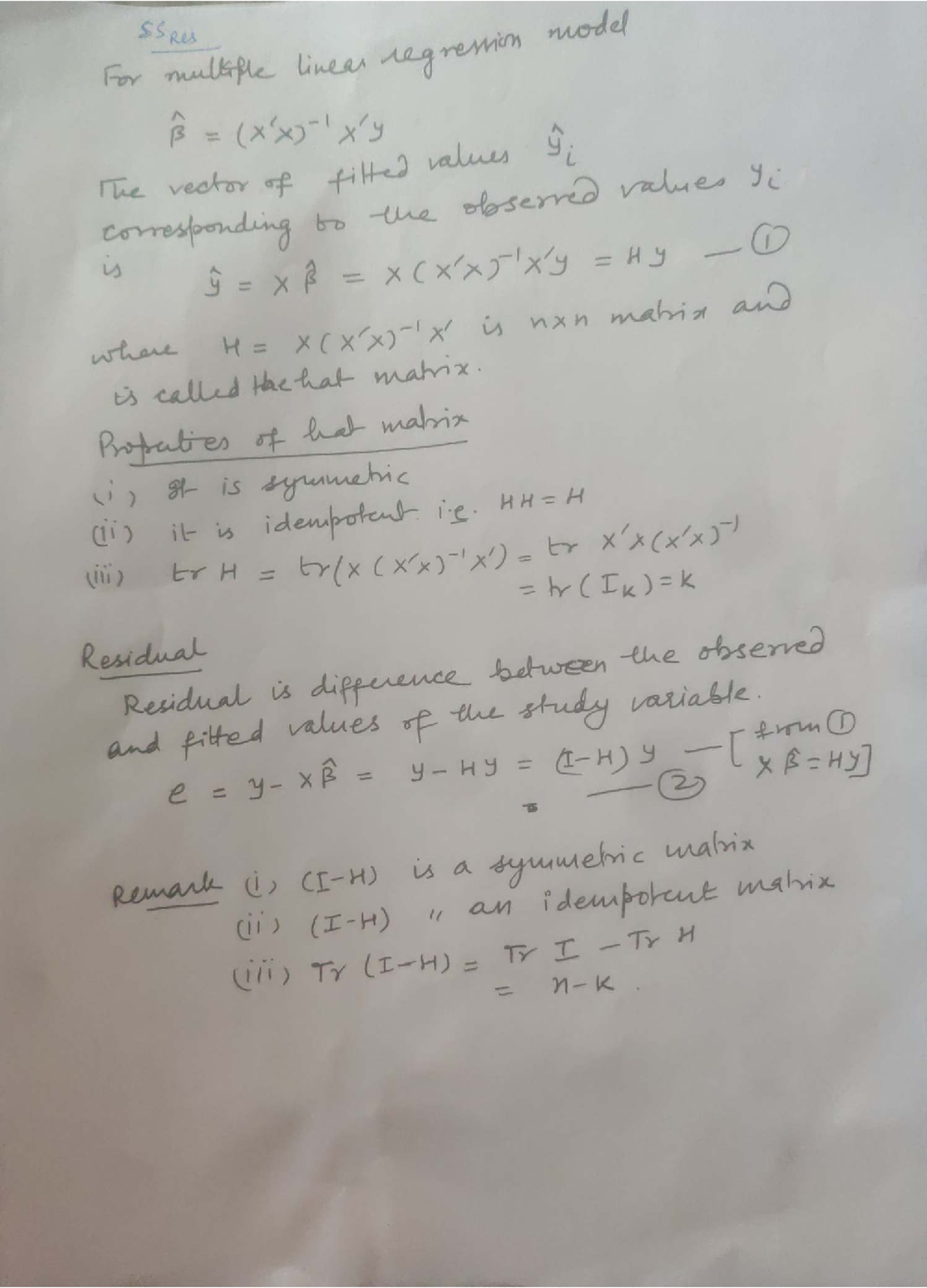 Multiple Linear Regression Model: Properties of the Hat Matrix - Studocu