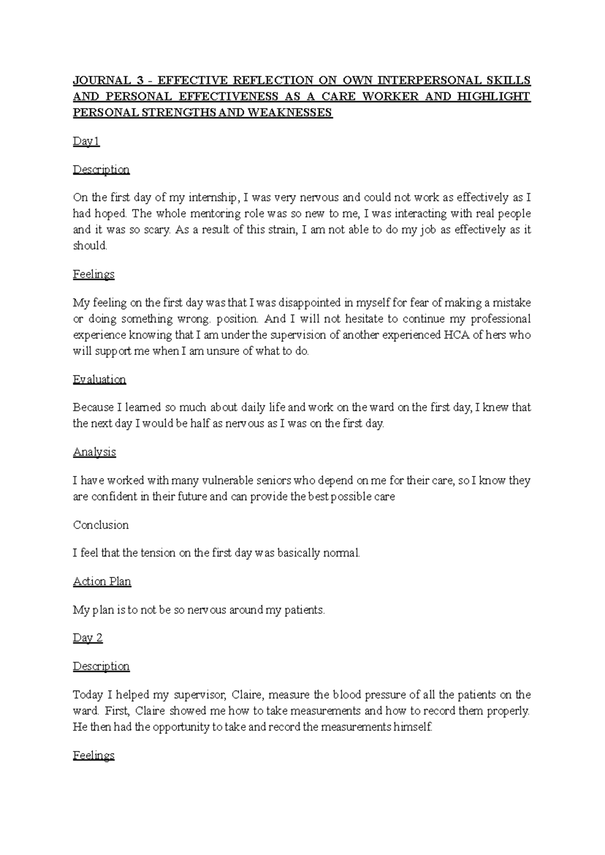 Journal 3 - Effective Reflection ON OWN Interpersonal Skills AND ...