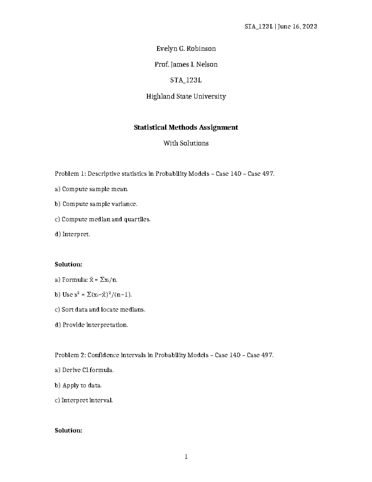 STA_123L Statistical Methods Exam Solutions for Probability Models ...