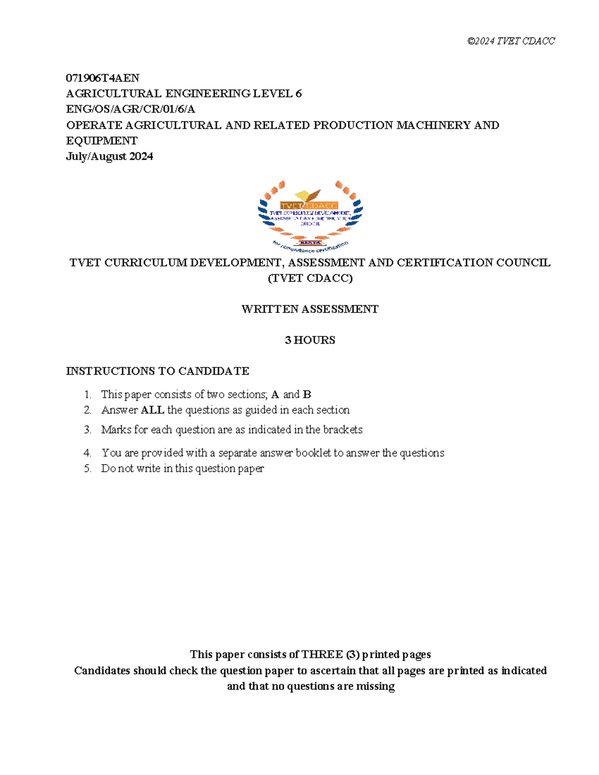TVET CDACC 071906T4AEN Level 6 Assessment: Agricultural Machinery ...