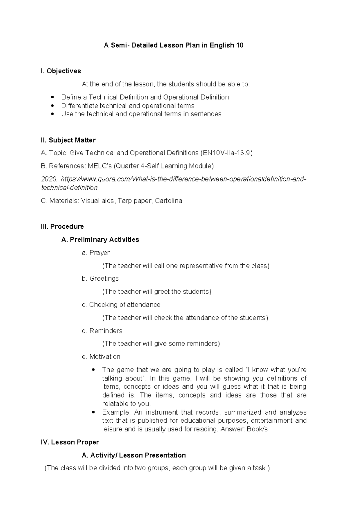 Lesson Plan on Technical & Operational Definitions (EN10V-IIa-13) - Studocu