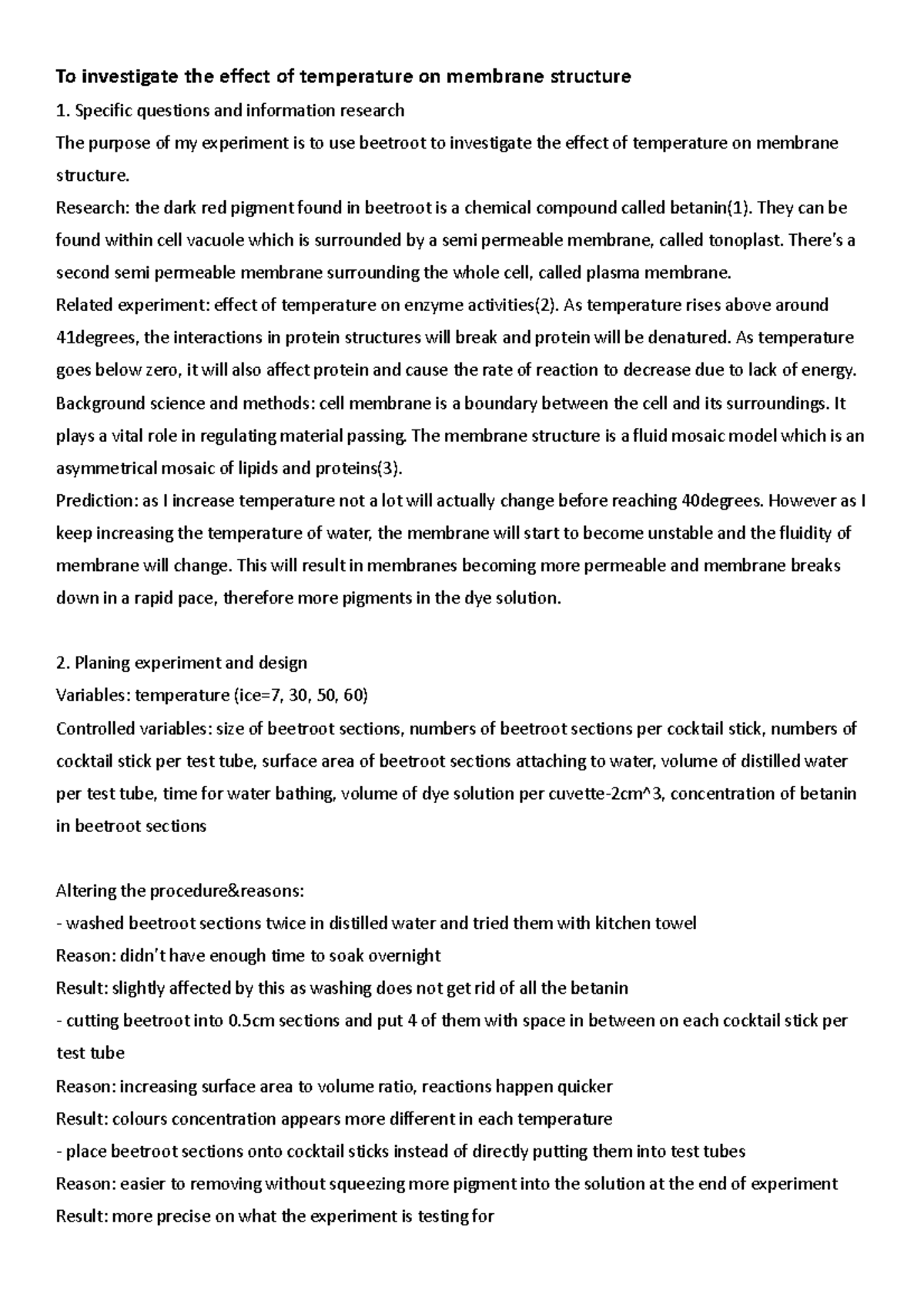Biology Practical Write-Up: Effect of Temperature on Membrane Structure ...