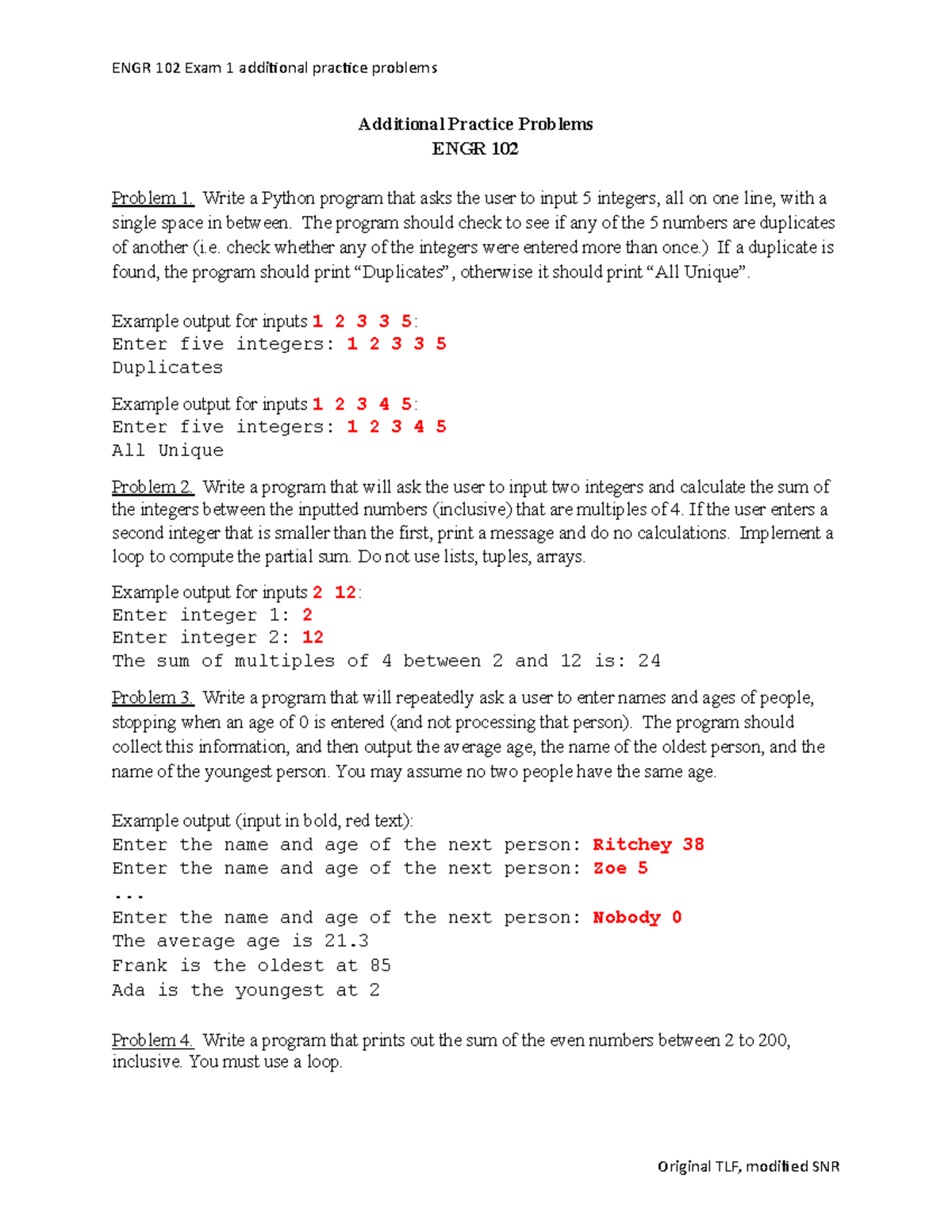 ENGR102 Exam 1 Practice Problems with Example Solutions - Studocu