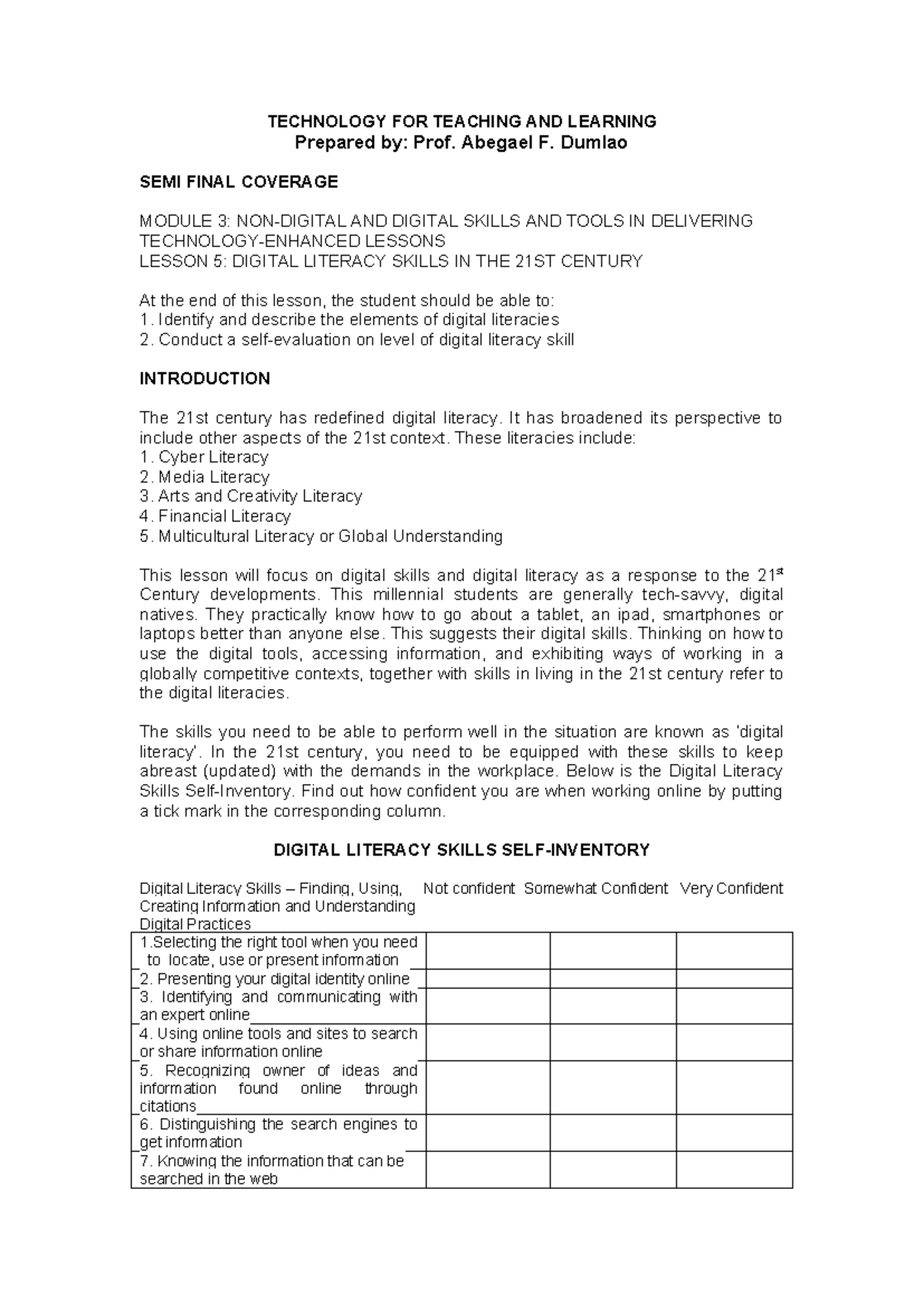 TECH 101: Semi-Final Coverage on Digital Literacy Skills in Lessons ...