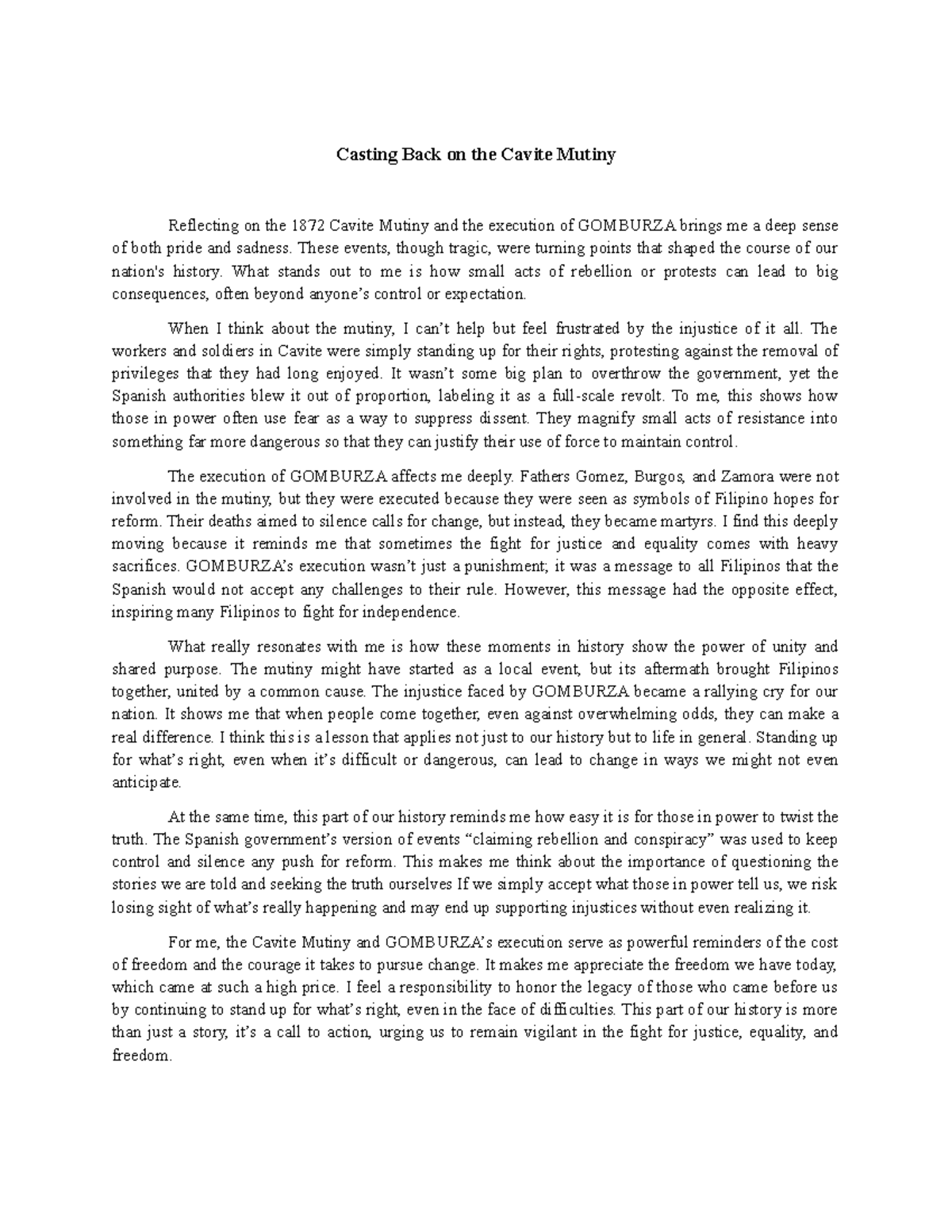 Reflecting on the 1872 Cavite Mutiny and GOMBURZA's Legacy - Studocu