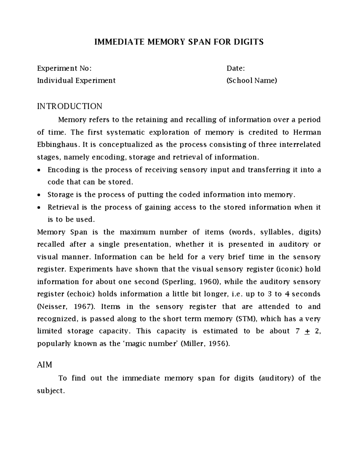 Immediate Memory Span for Digits: Experimental Findings and Analysis ...