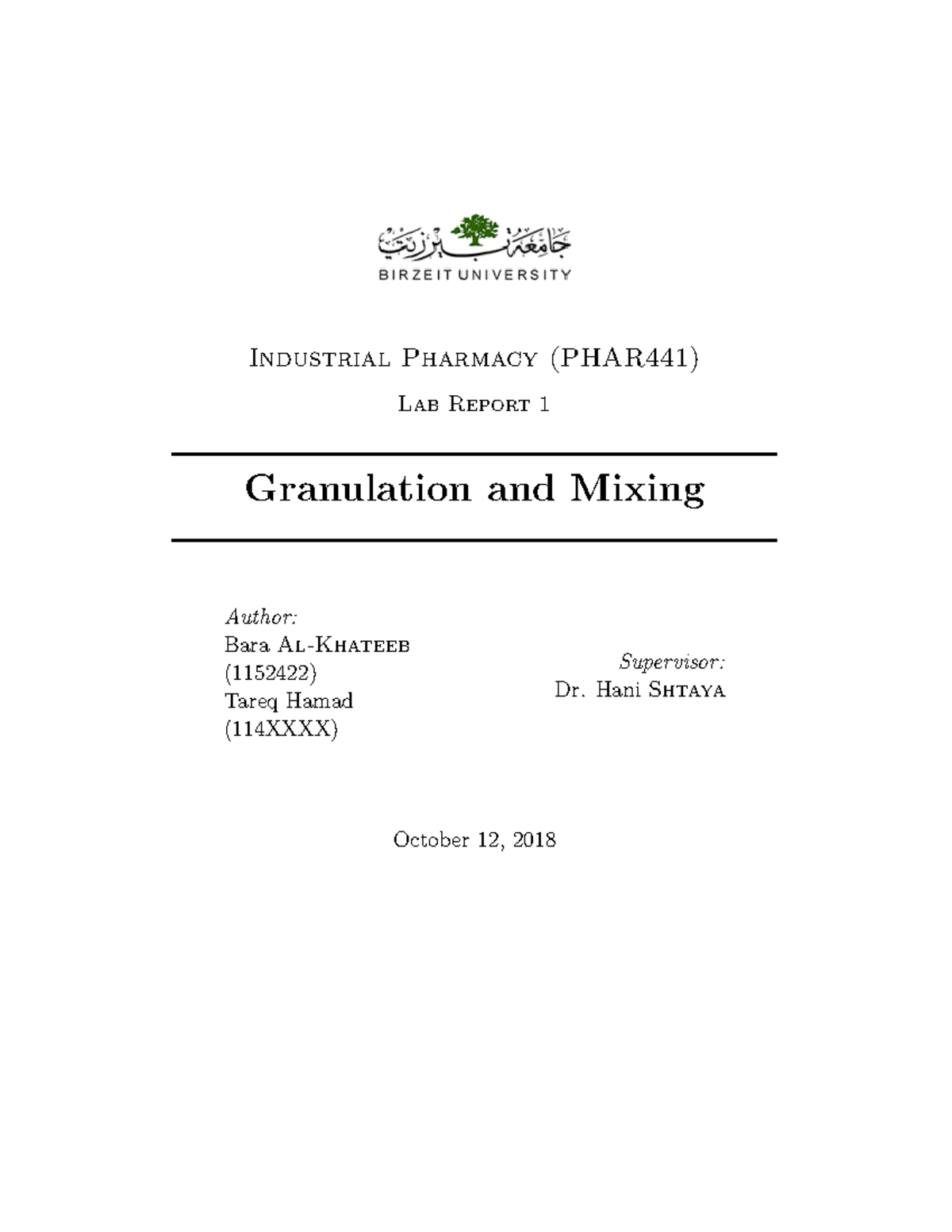 PHAR441 Lab Report 1 - Industrial Pharmacy (PHAR441) Lab Report 1 ...