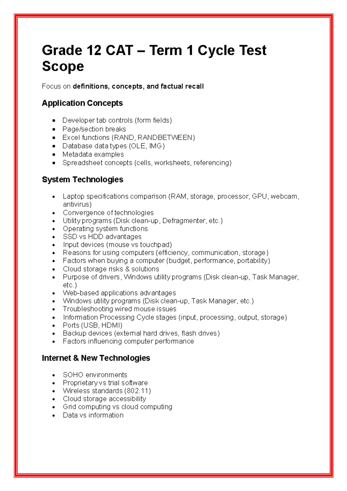 Grade 12 CAT Term 1 Cycle Test Scope: Key Concepts & Definitions - Studocu