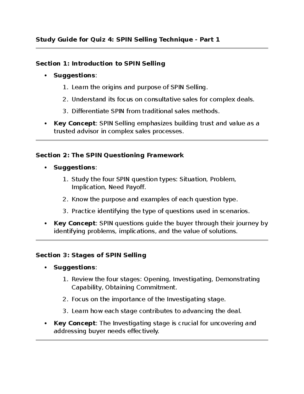 Study Guide for Quiz 4: SPIN Selling Techniques Overview - Studocu