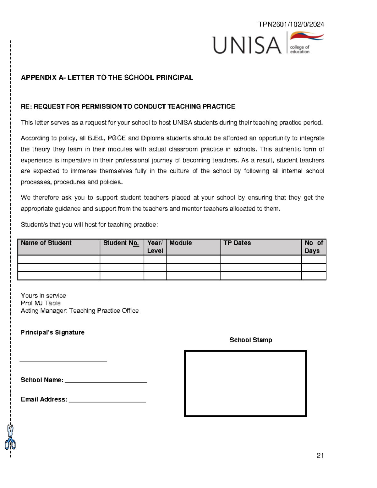Teaching Practice Placement Letter & Agreement for UNISA Students - Studocu