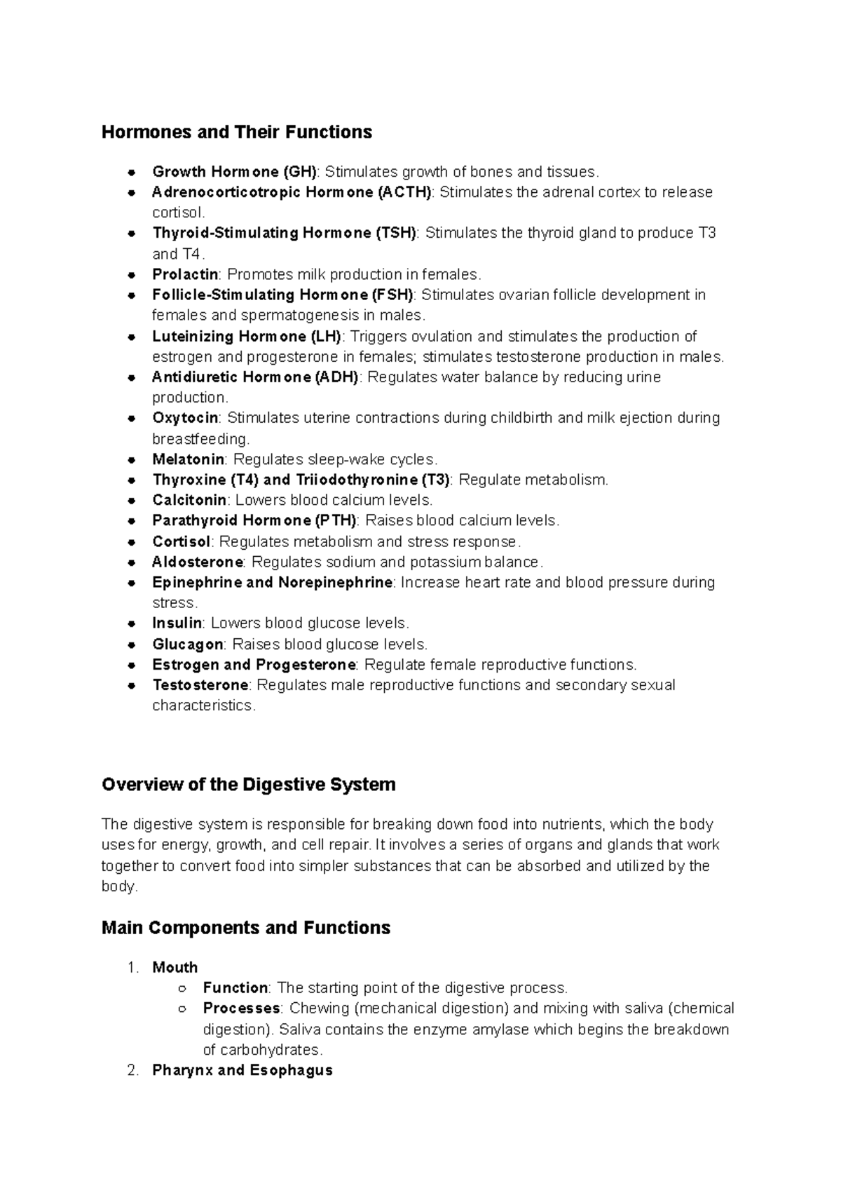 Anatomy Review: Hormones, Digestive & Nervous Systems Overview - Studocu