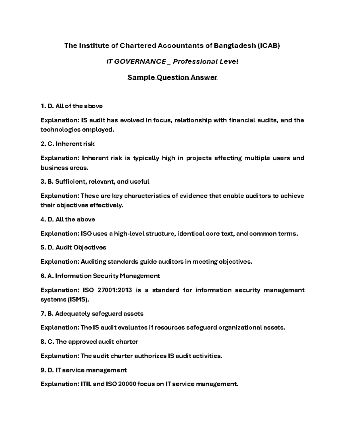 ICAB IT Governance Mock Test Questions and Answers - Studocu