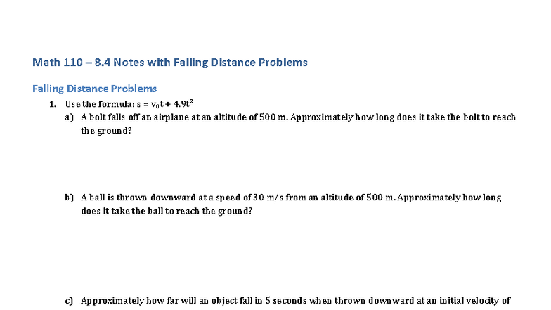 Math 110 8 - notes - Math 110 – 8 Notes with Falling Distance Problems ...