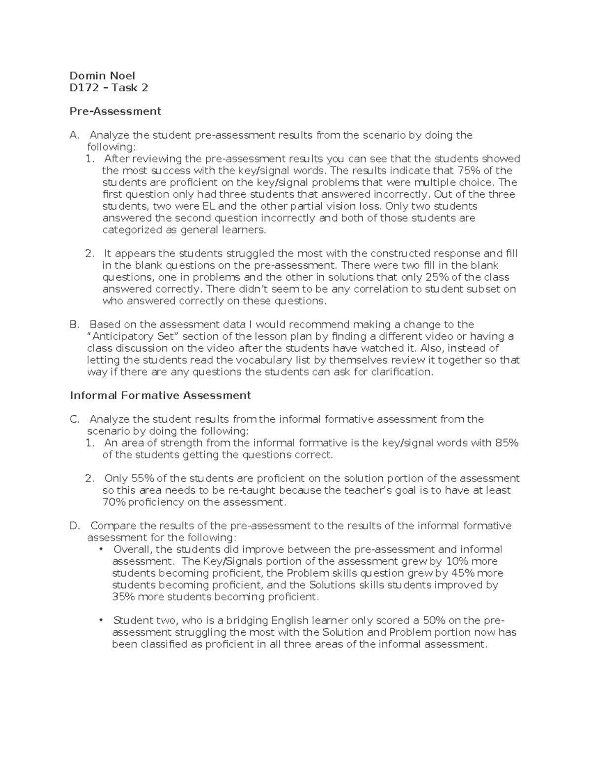 D172 – Task 2: Analyzing Student Pre-Assessment & Formative Results - Studocu