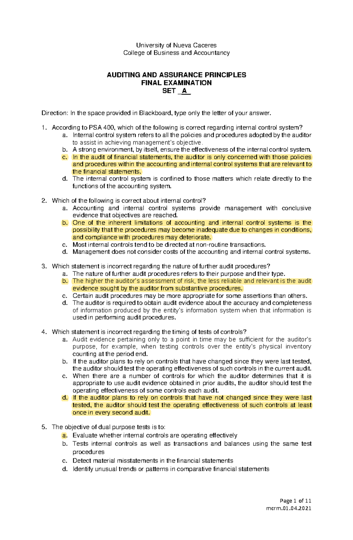 Auditing and Assurance Principles (ACC 101) Final Exam Set A Answer KEY ...
