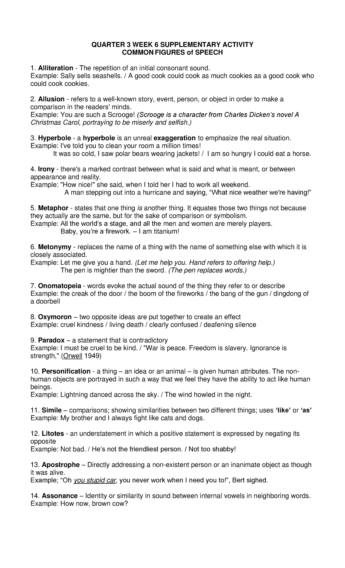 Q3 WEEK 6 Figures of Speech Supplementary Activity - Studocu