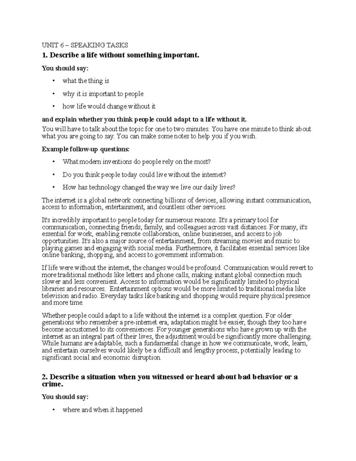 UNIT 6 Speaking Tasks: Life Without the Internet & Social Issues - Studocu