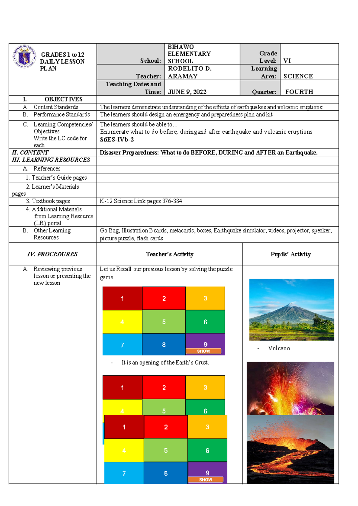 DAILY LESSON PLAN: EARTHQUAKE PREPAREDNESS (GRADE VI SCIENCE) - Studocu