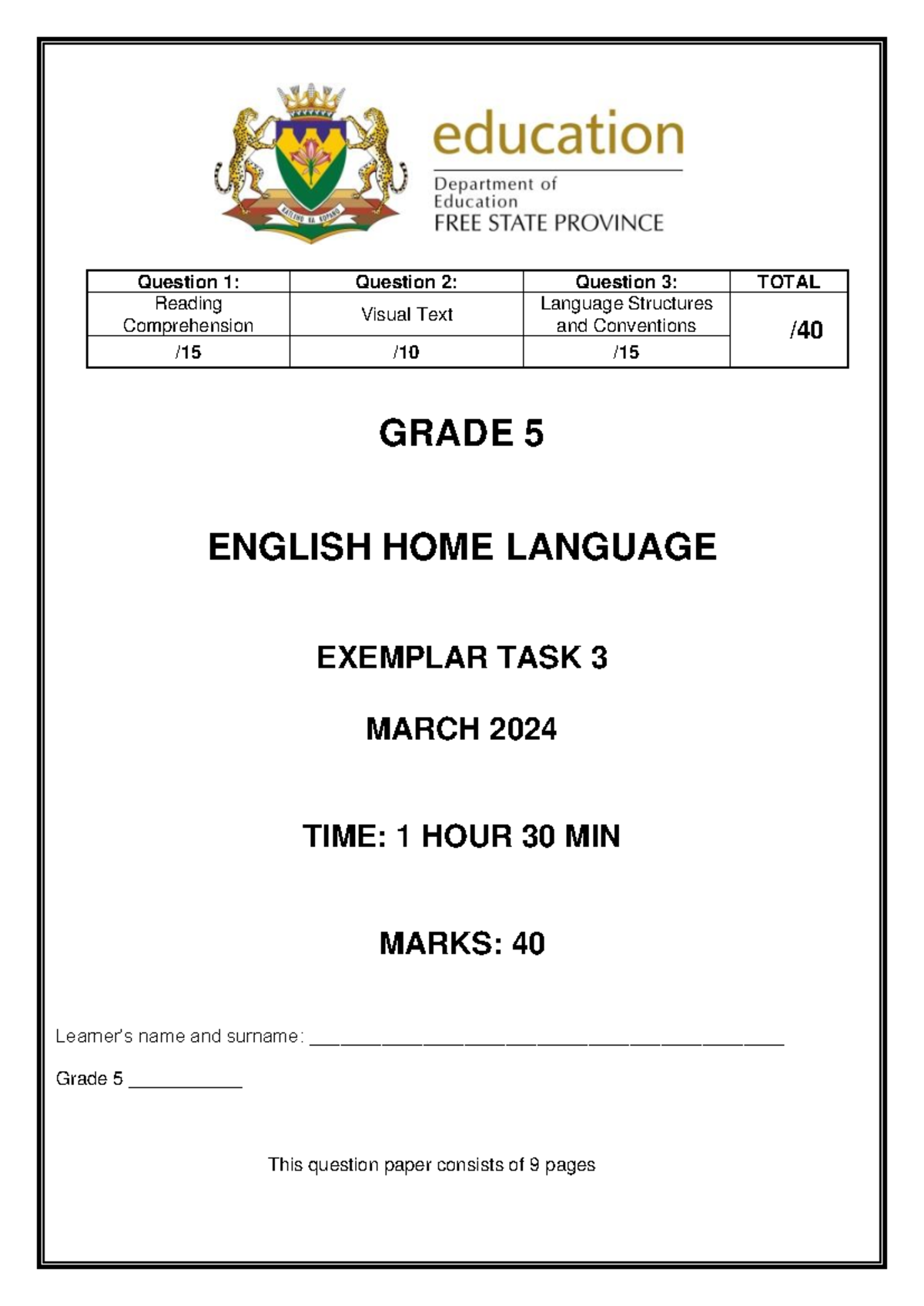 English HL Grade 5 Term 1 2024 Exemplar Task 3 - Studocu