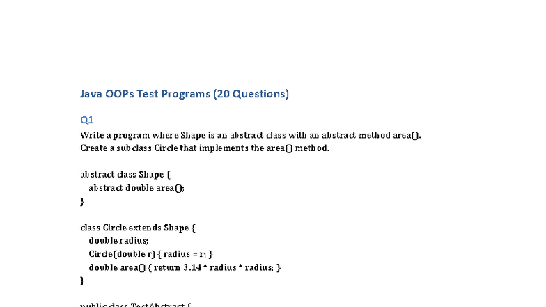 Java OOPs (CS101) 20 Questions Test Programs and Solutions - Studocu