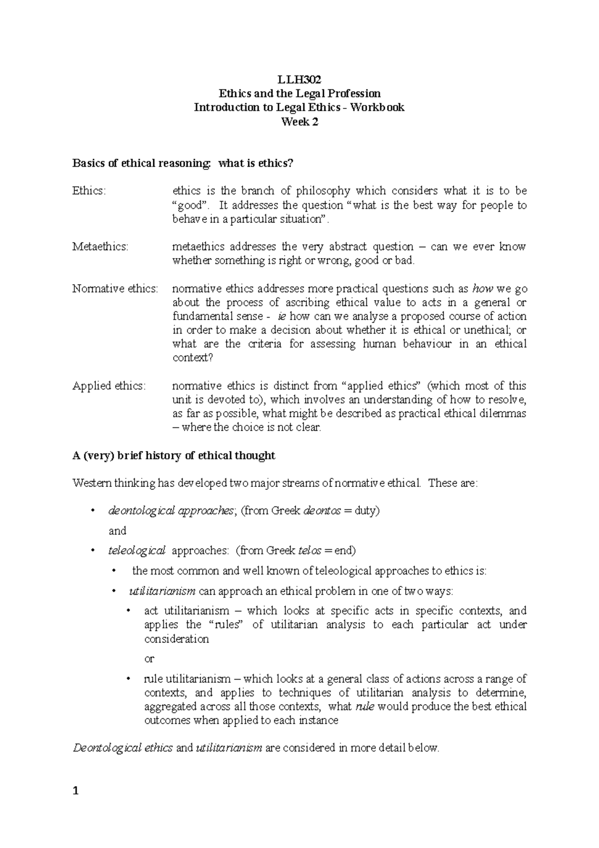 LLH302 2022 Week 2 Workbook - Introduction to Legal Ethics - LLH Ethics ...