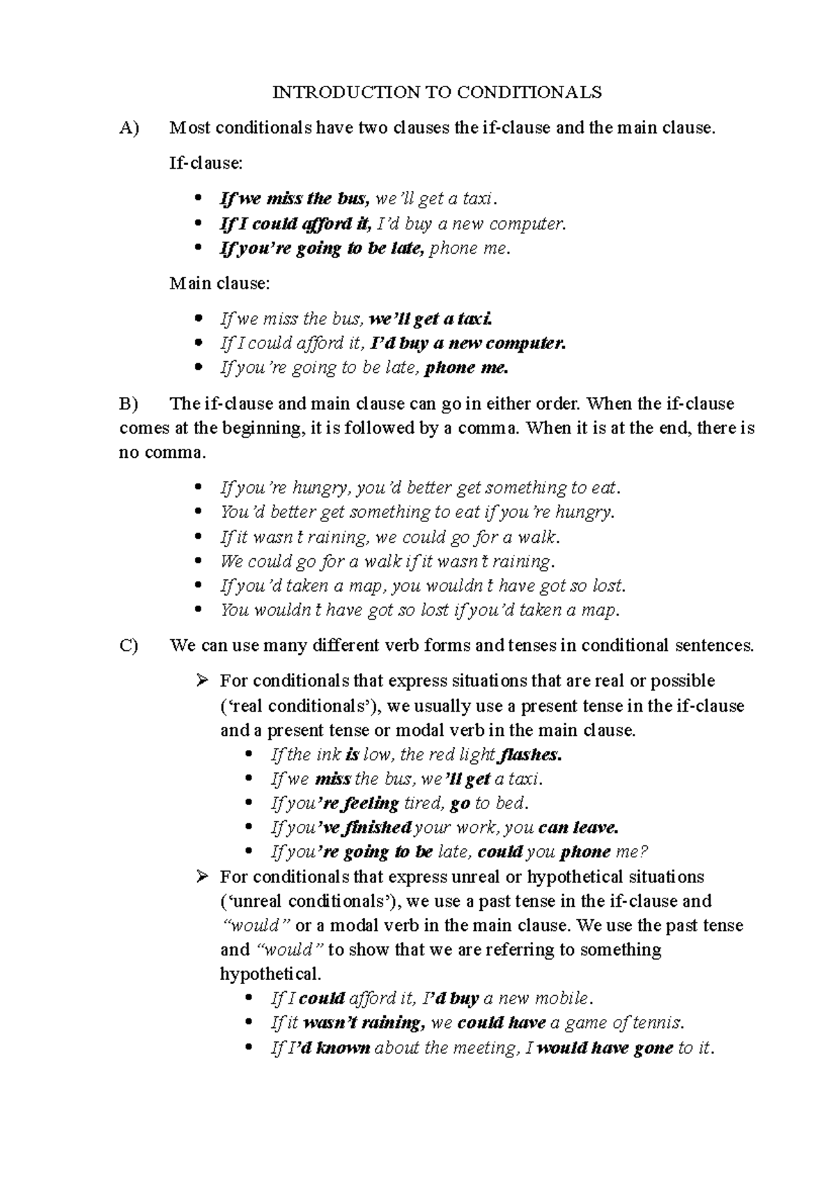 Introduction to Conditionals: Key Concepts and Examples - Studocu