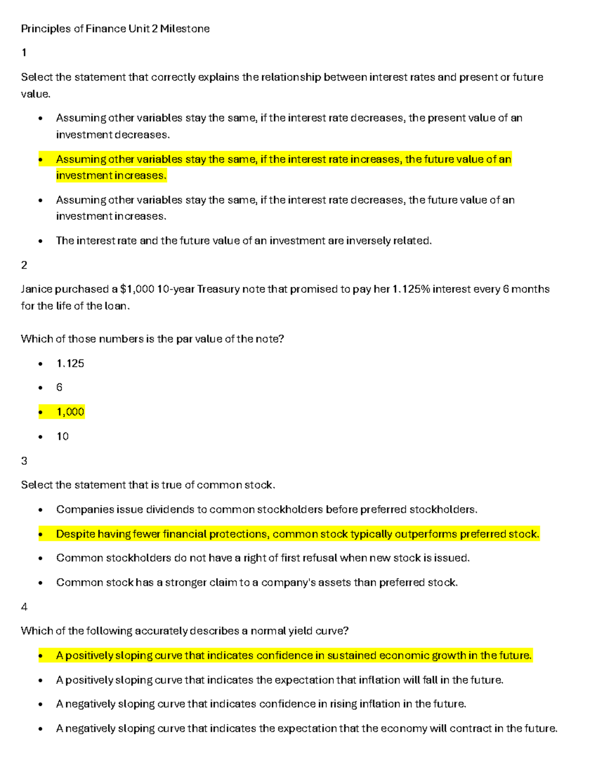 Principles of Finance: Unit 2 Milestone Review and Assessment - Studocu