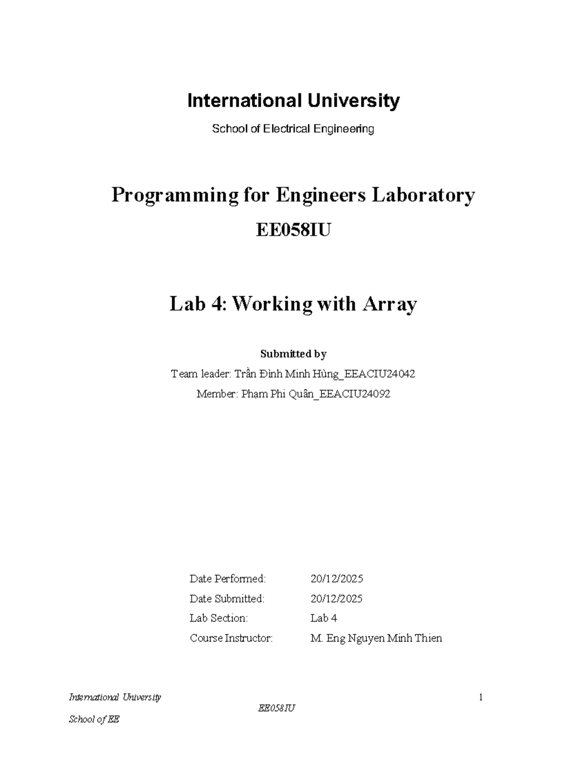 Lab Report EE058IU: Working with Arrays - Lab 4 - Studocu