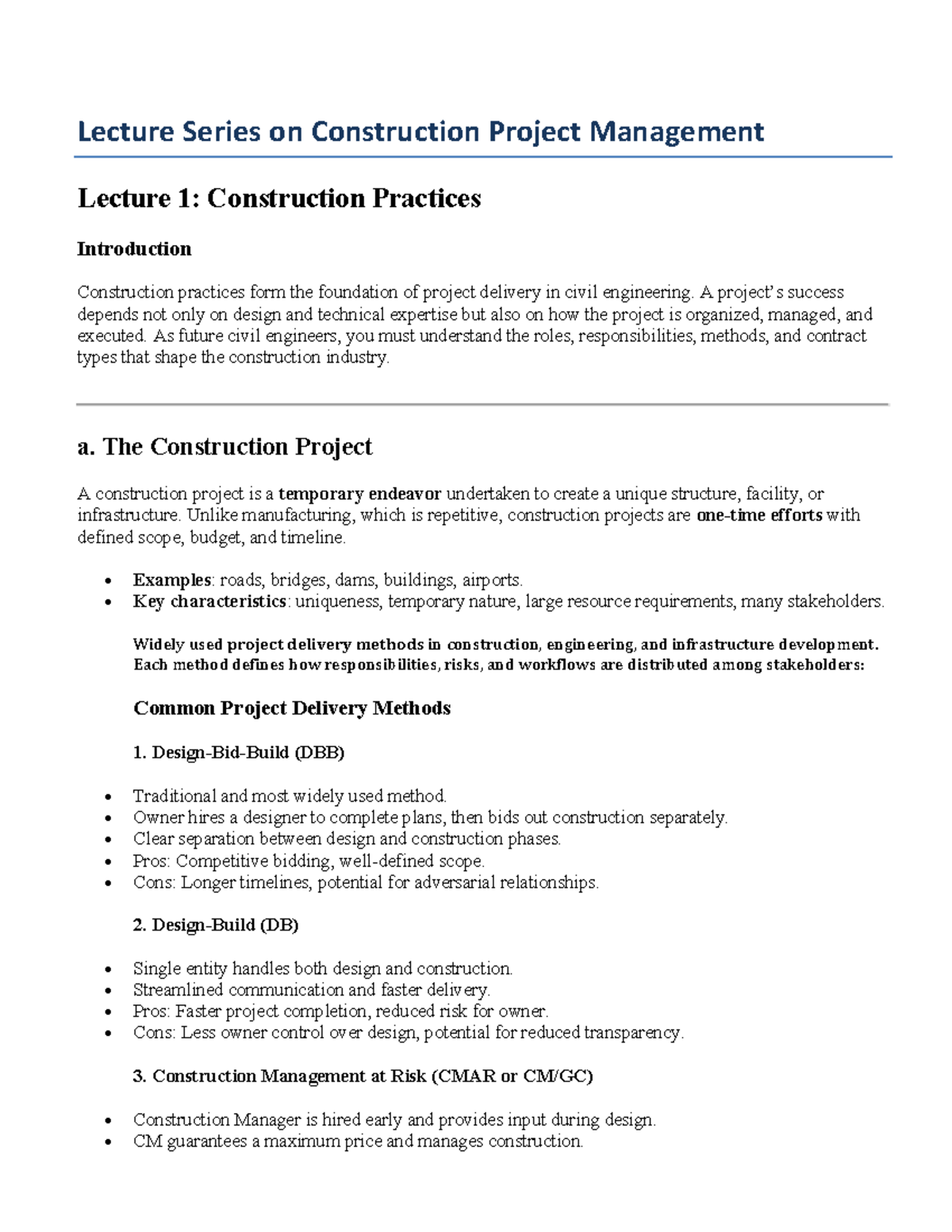 Lecture 1: Introduction to Construction Practices in Project Management ...