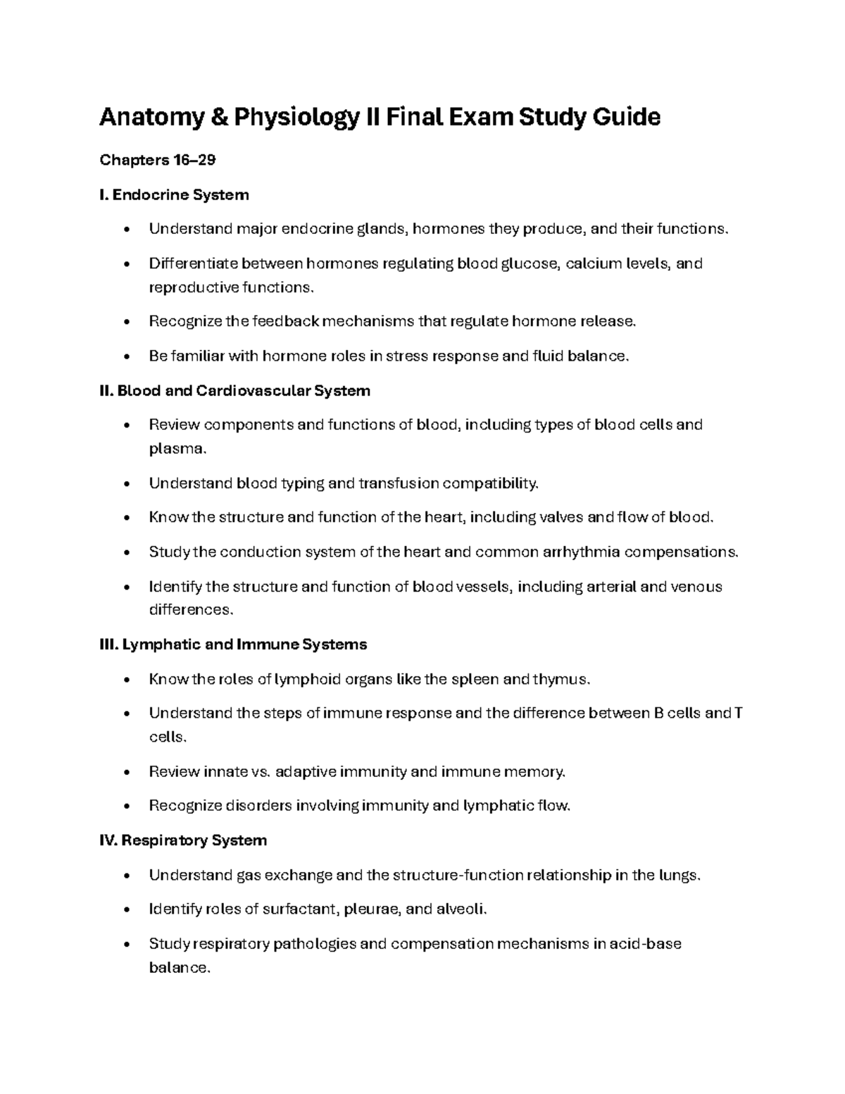 Anatomy & Physiology II Final Exam Study Guide: Chapters 16-29 - Studocu