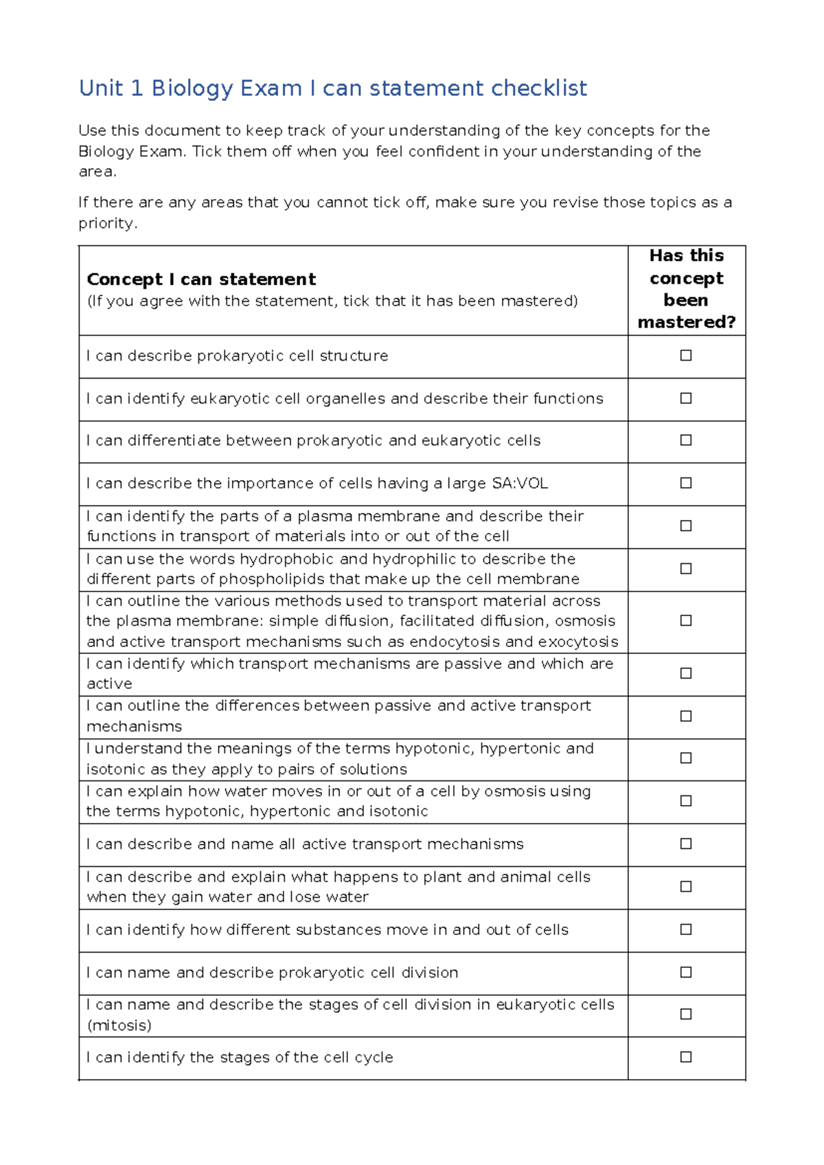 Year 11 unit 1 exam I can statements 2024 - Unit 1 Biology Exam I can ...