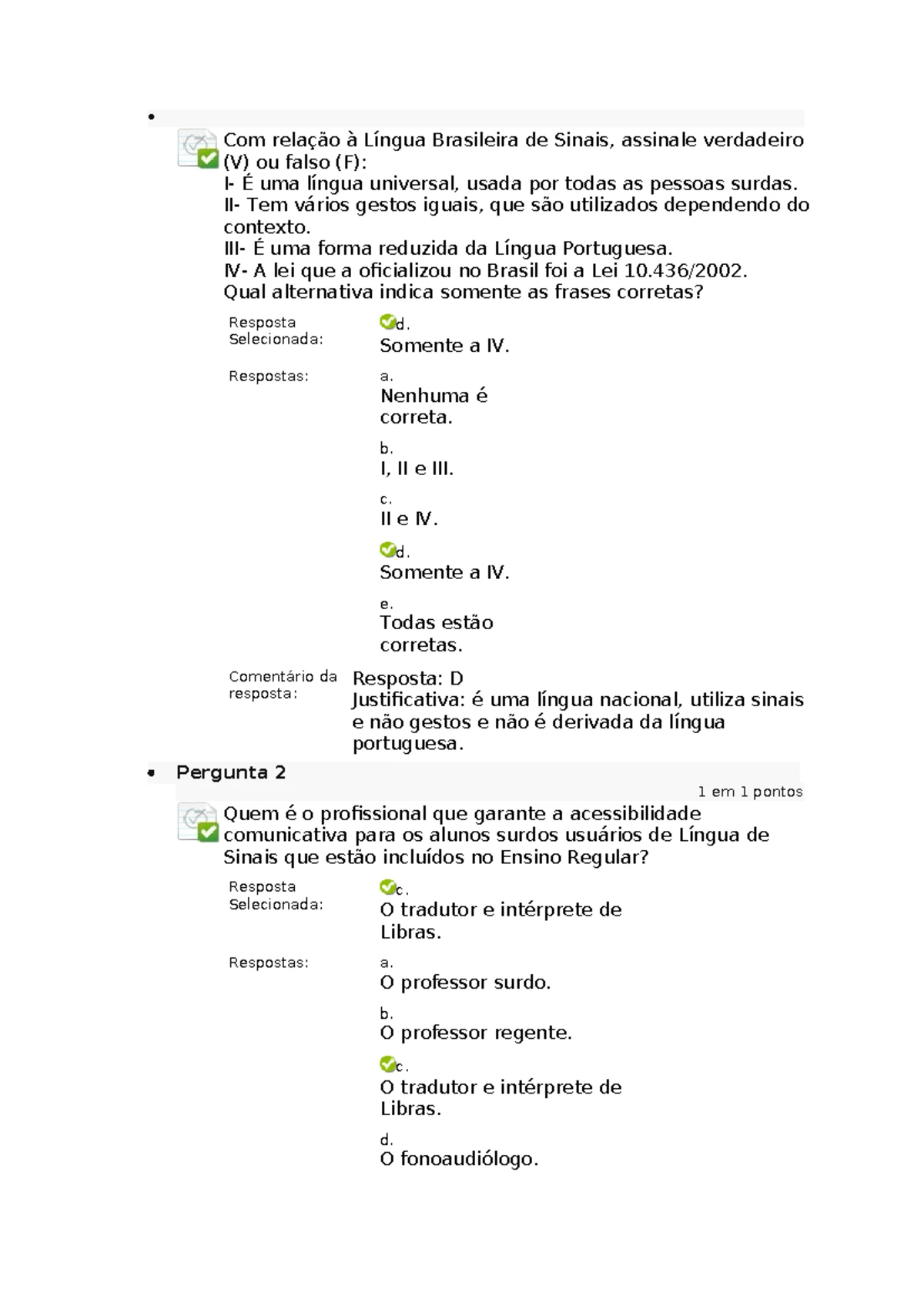Questionário 1 - Libras: Perguntas e Respostas do Estudo - Studocu
