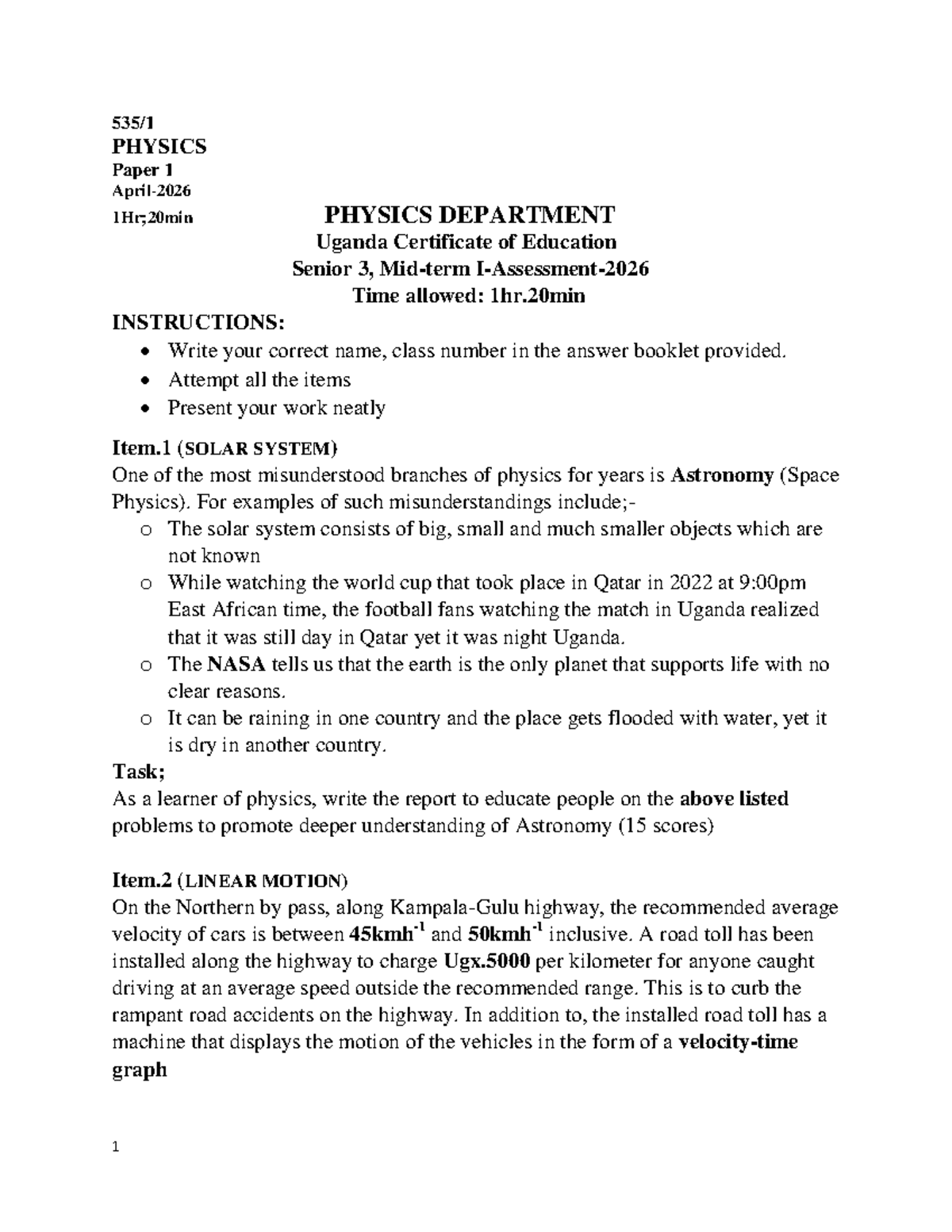 S.3 PHY 1 - Physics Practice Paper: Solar System & Linear Motion - Studocu