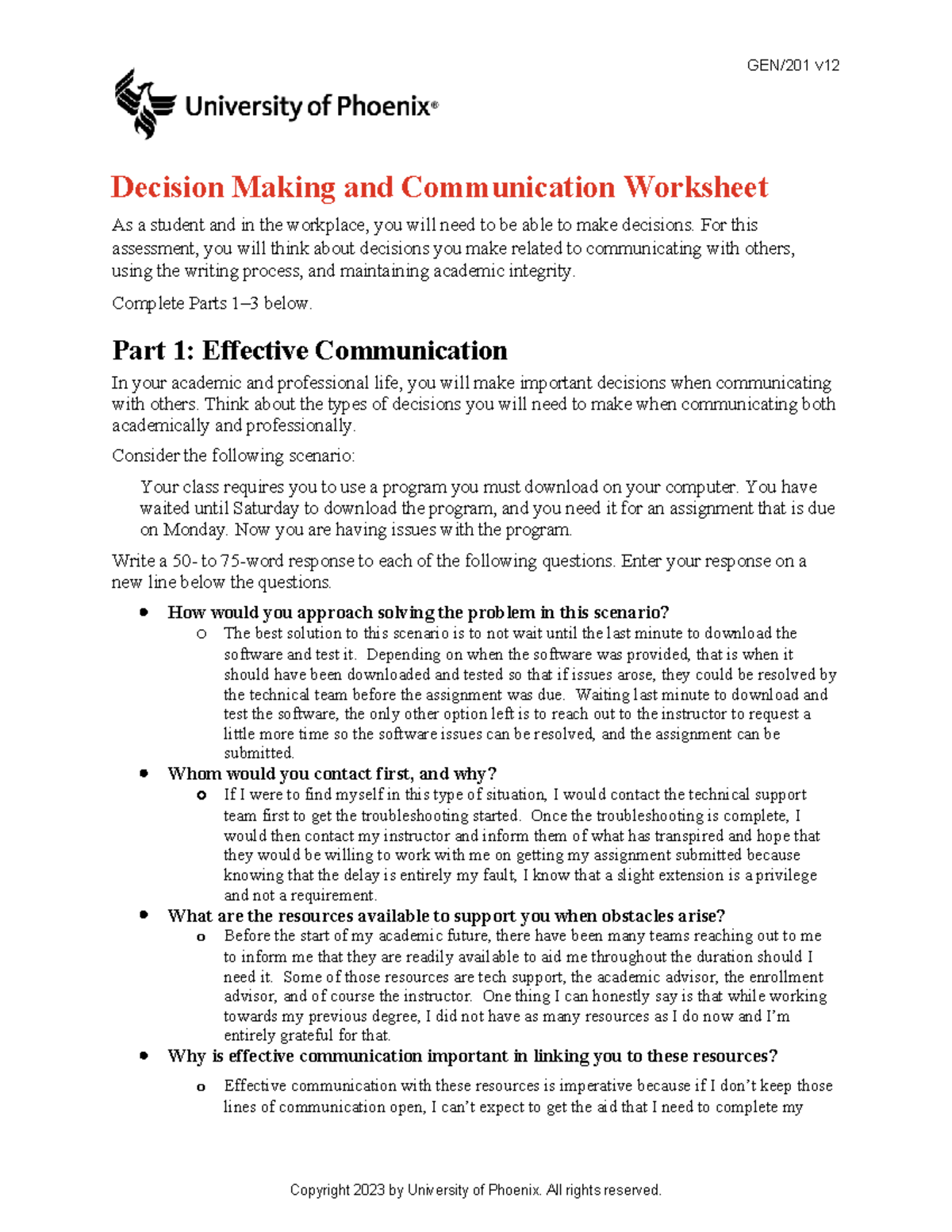 Week 3 - Communicating for Success - GEN/201 v Decision Making and ...