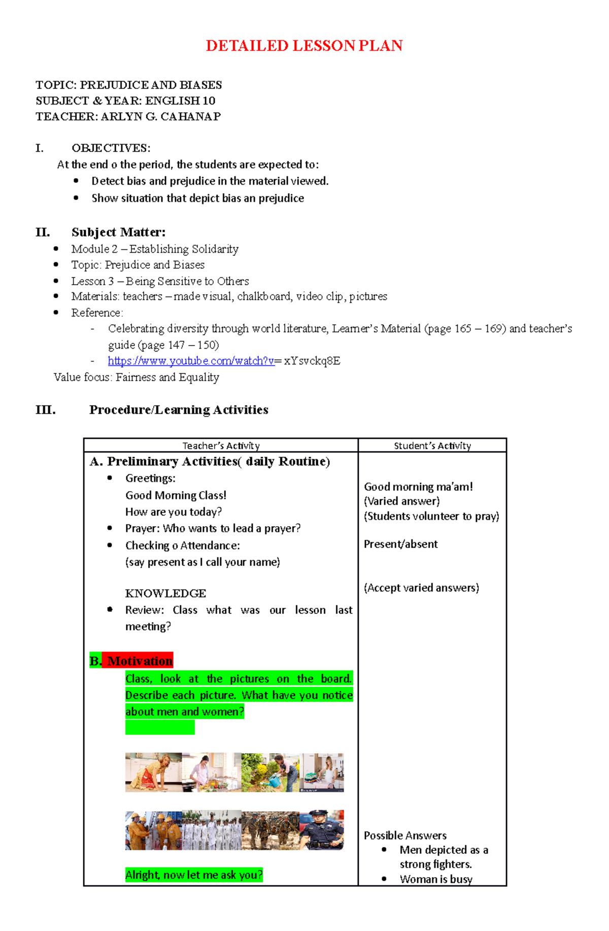 Detailed Lesson PLAN - DETAILED LESSON PLAN TOPIC: PREJUDICE AND BIASES ...
