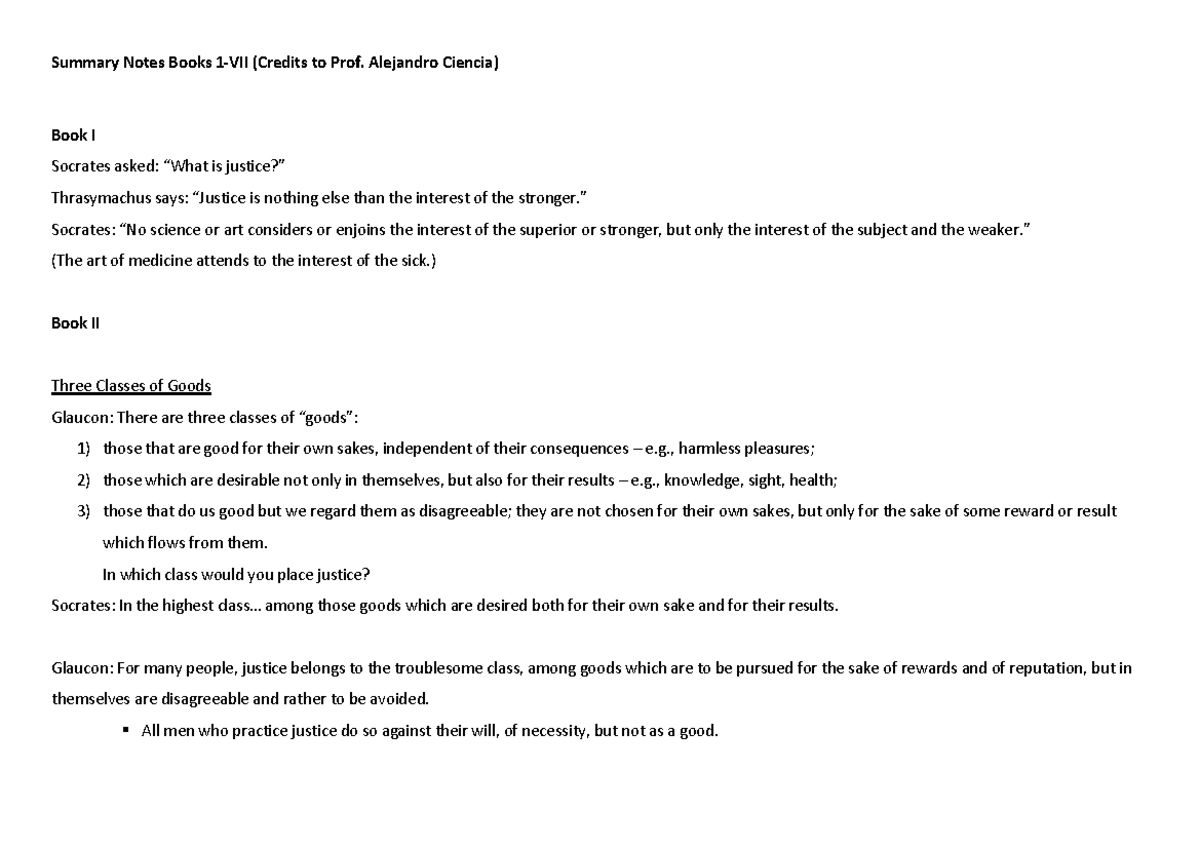 Summary Notes - Plato's The Republic (Credits to Prof. Alejandro ...