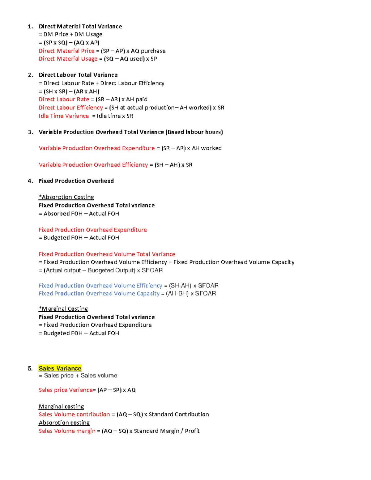 Variance Formula - NOTES - Direct Material Total Variance = DM Price ...