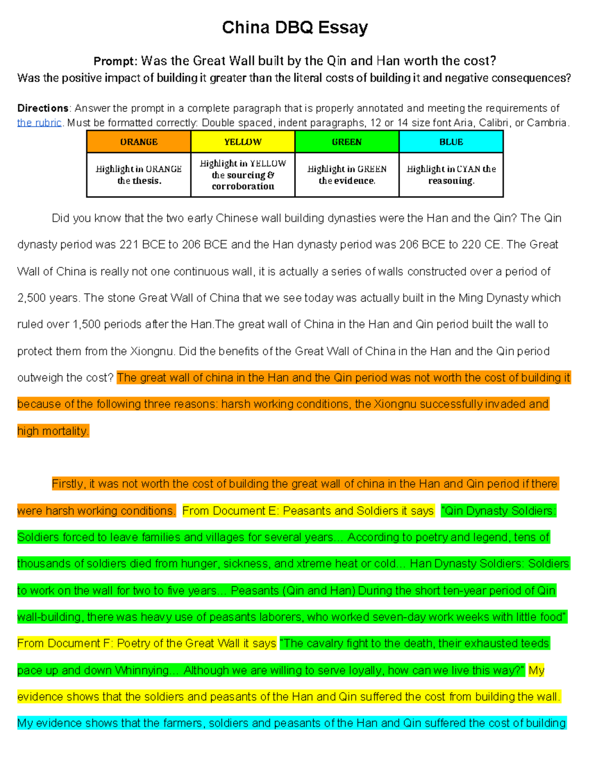China DBQ Essay: Evaluating the Cost of the Great Wall (Qin & Han ...