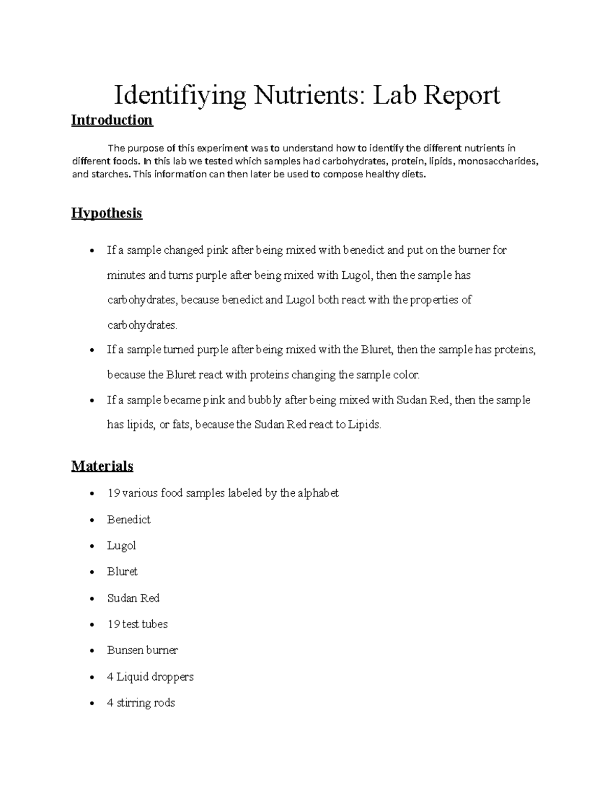 Labbb - lab for health - Identifiying Nutrients: Lab Report ...