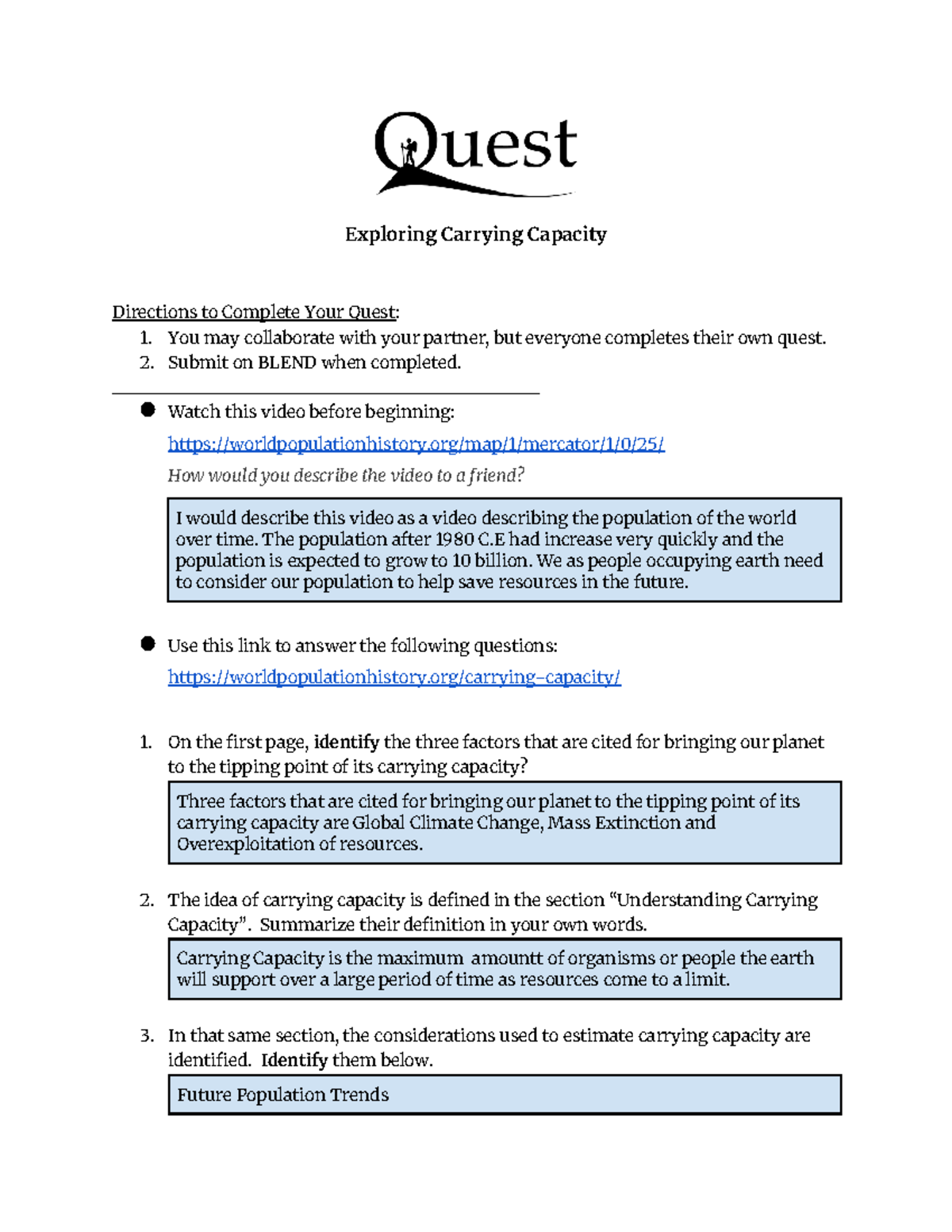 Zohair Rashid - Exploring Carrying Capacity Quest Analysis - Studocu