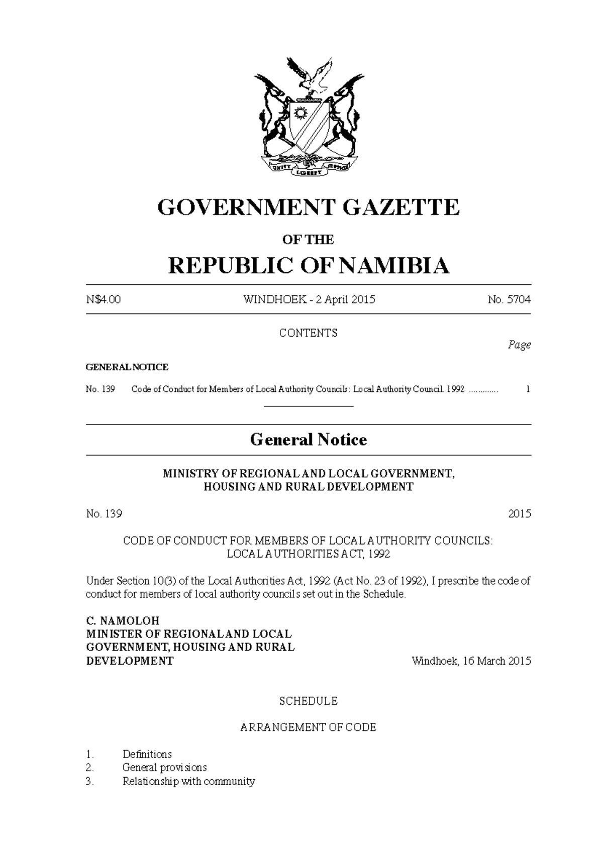 Government Gazette No. 5704 - Code of Conduct for Local Councils - Studocu