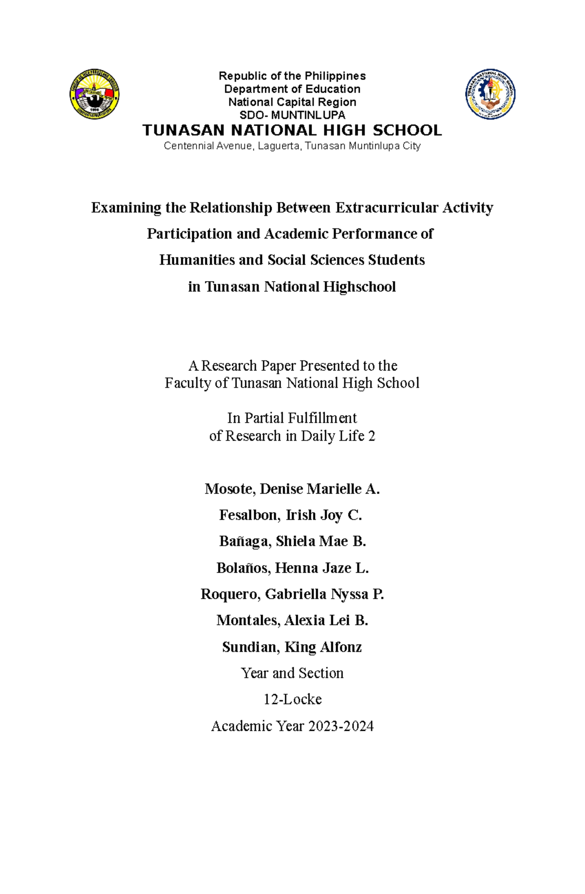 Research Format Title Page Chapter 1 On Extracurriculars Impact On
