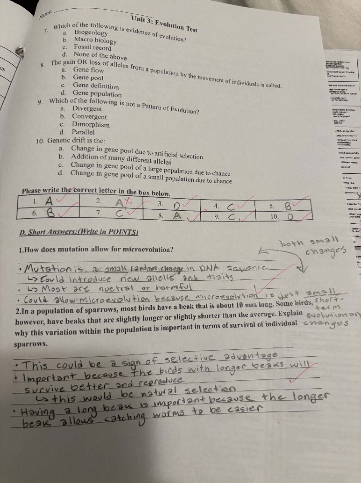 Evolution and Diversity Test (Unit 3) - Key Concepts and Answers - Studocu