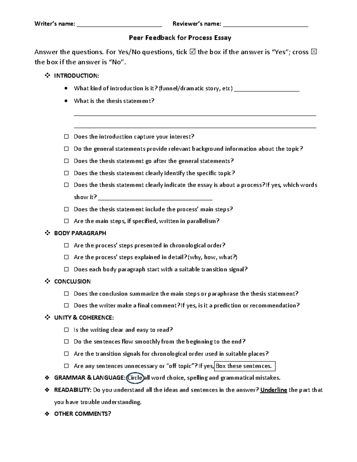 WRIT124 Peer Review Checklist for Process Essay - Studocu