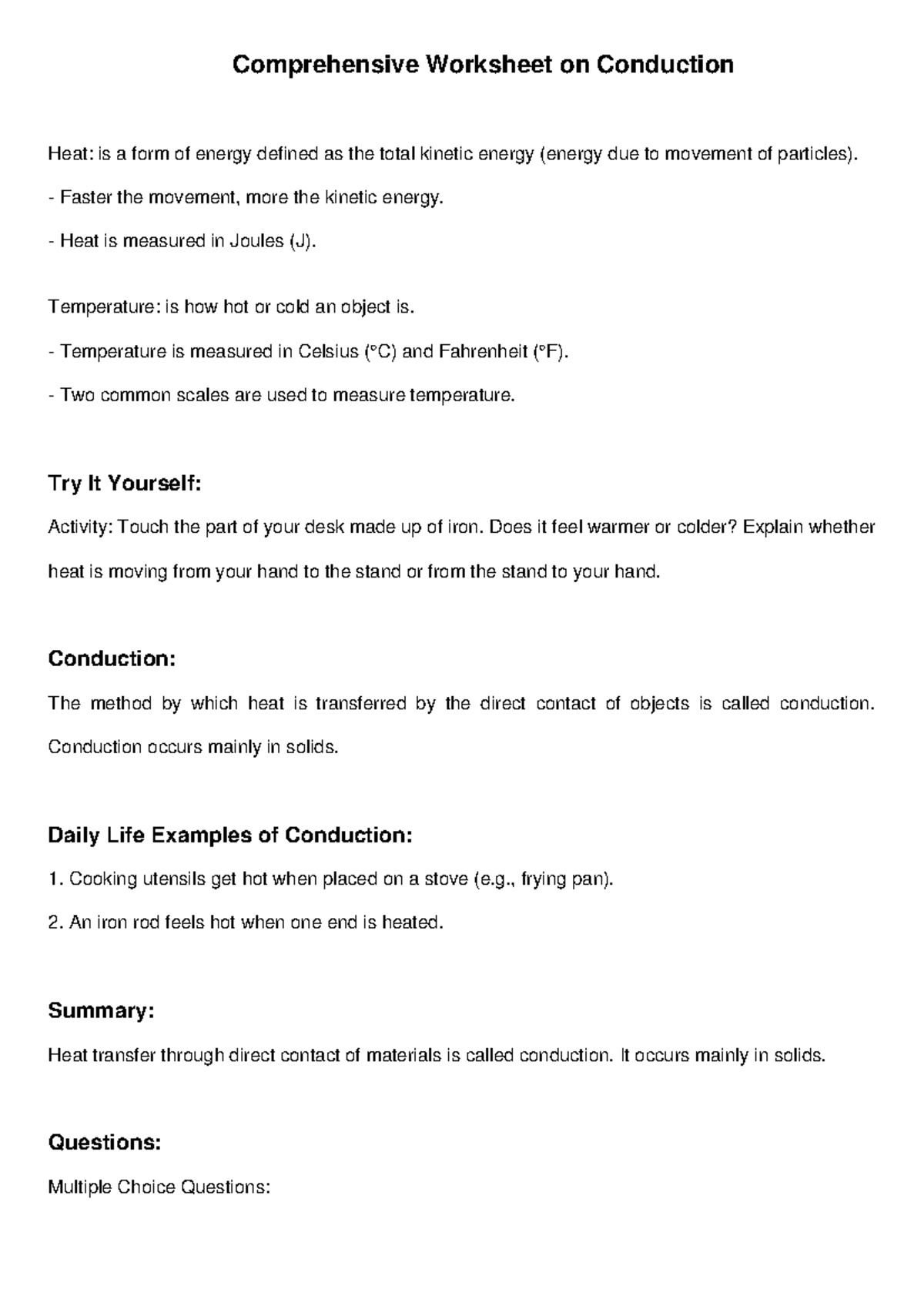 Conduction Worksheet - Comprehensive Worksheet on Conduction Heat: is a ...