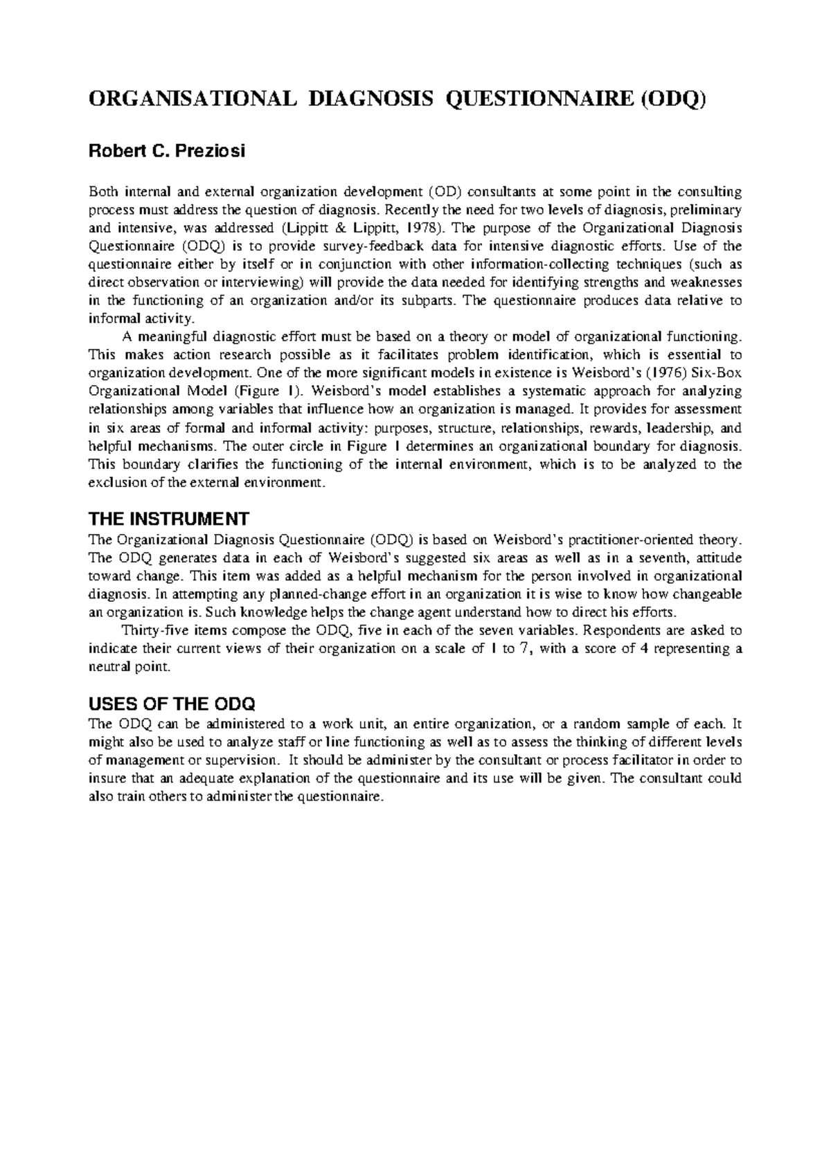Organizational Diagnosis Questionnaire (ODQ) Overview and Use - Studocu