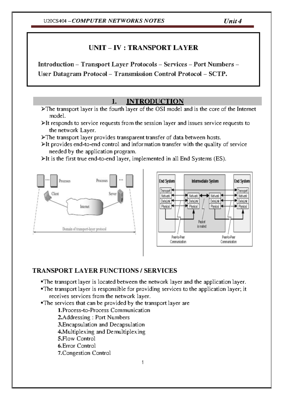U20CS404 COMPUTER NETWORKS NOTES Unit 4: Transport Layer Overview and ...