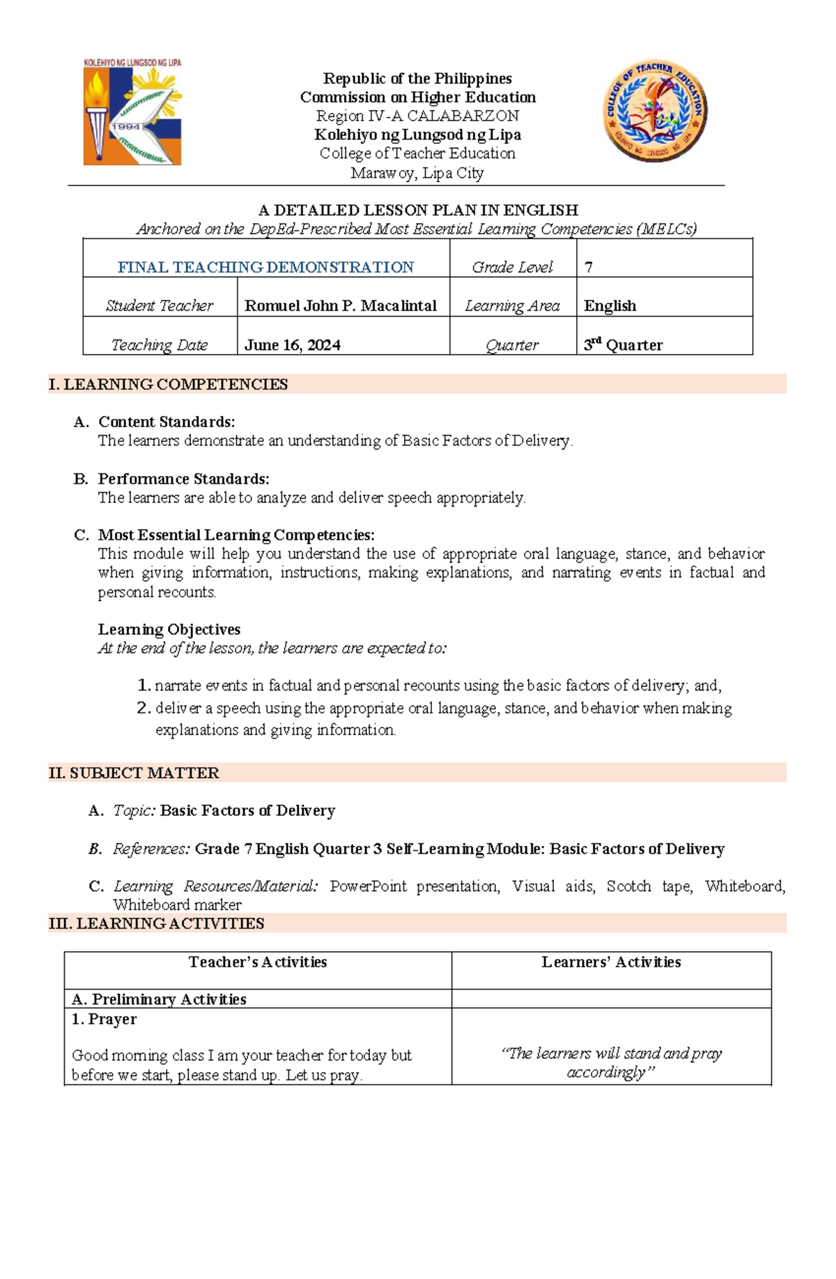 Grade 7 English Lesson Plan: Basic Factors of Delivery (Final Demo ...